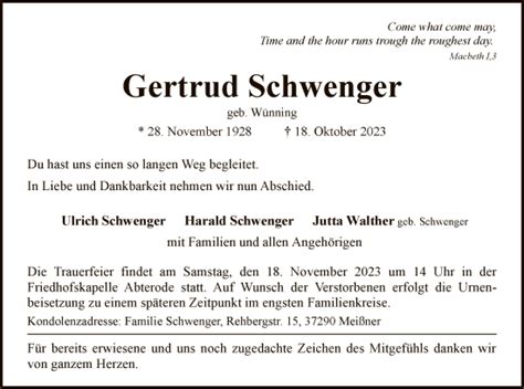 Traueranzeigen Von Gertrud Schwenger Trauer Werra Rundschau De