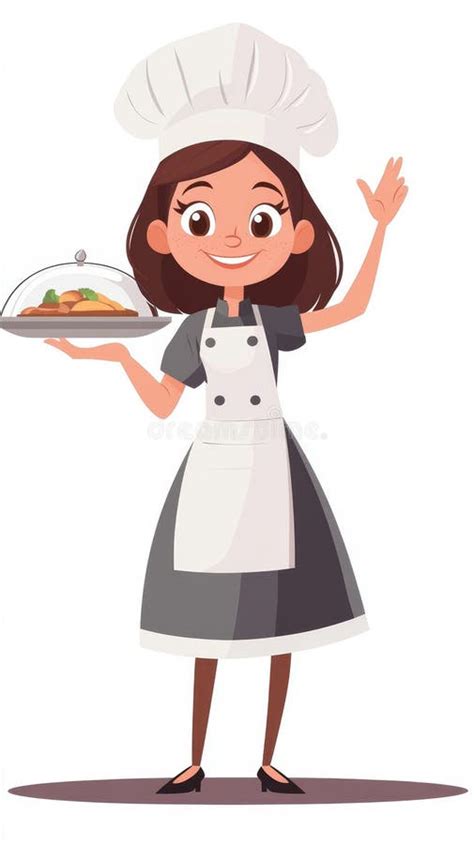This Cartoon Shows A Woman Chef Holding A Silver Plate And Giving A