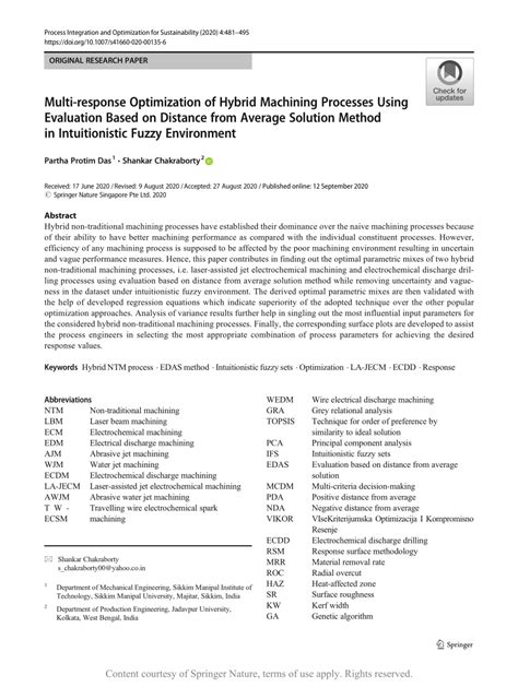 multi response optimization of hybrid machining processes using evaluation based on distance