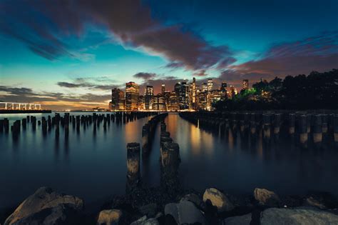 壁纸 摄影 都市风景 日落 长时间曝光 摩天大楼 纽约市 美国 水 海 云彩 6000x4000 vaneaph