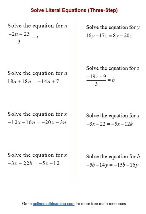 Solve Literal Equation Worksheets Printable Online Answers Examples