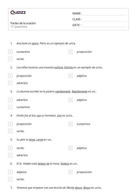 50 Partes de la oración hojas de trabajo para Grado 4 en Quizizz