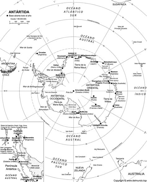 Mapa de la Antártida Político Físico Mudo Bases y Temperatura
