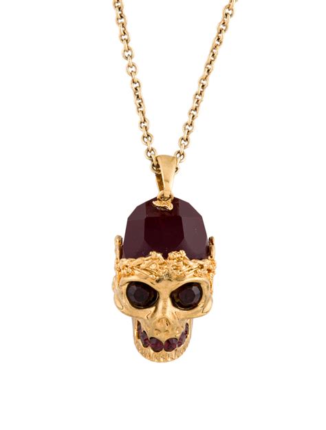 Alexander McQueen Crystal Skull Pendant Necklace Gold Tone Metal