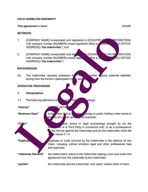 Hold Harmless Indemnity Agreement Document Template Legalo