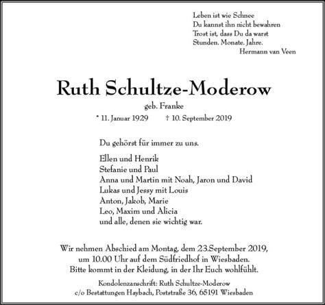 Traueranzeigen Von Ruth Schultze Moderow Vrm Trauer De