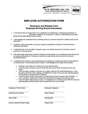 Fillable Online EMPLOYEE AUTHORIZATION FORM WH Breshears Inc Fax