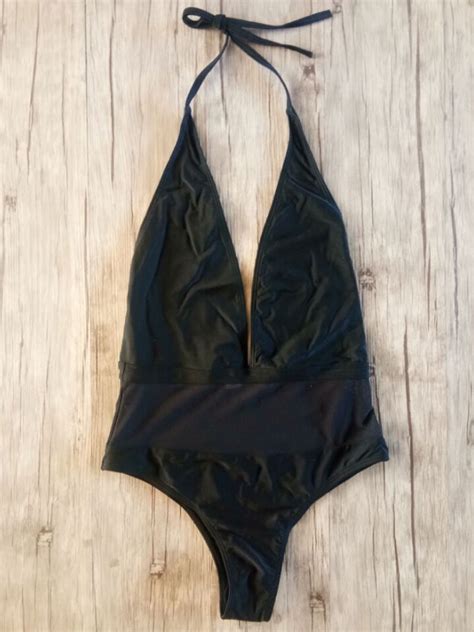 Women Sexy Swimsuit Black Halter Backless Semi Sheer One Piece Swimwear