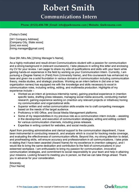 Communications Intern Cover Letter Examples QwikResume
