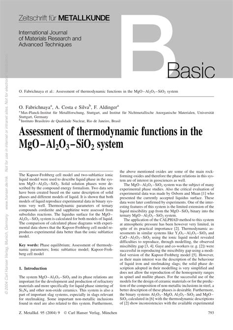 pdf assessment of thermodynamic functions in the mgo al2o 3 sio2 system