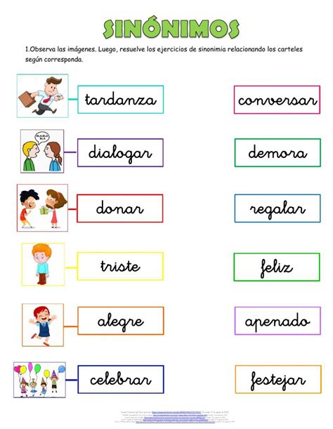 Ejercicio de Sinónimos para Primer Grado de primaria Primeros grados