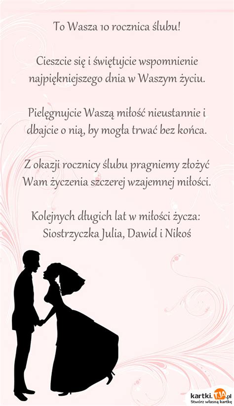 Z okazji rocznicy ślubu pragniemy złożyć Wam życzenia szczerej