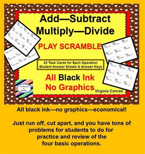 add subtract multiply divide task cards black ink only task cards teaching third