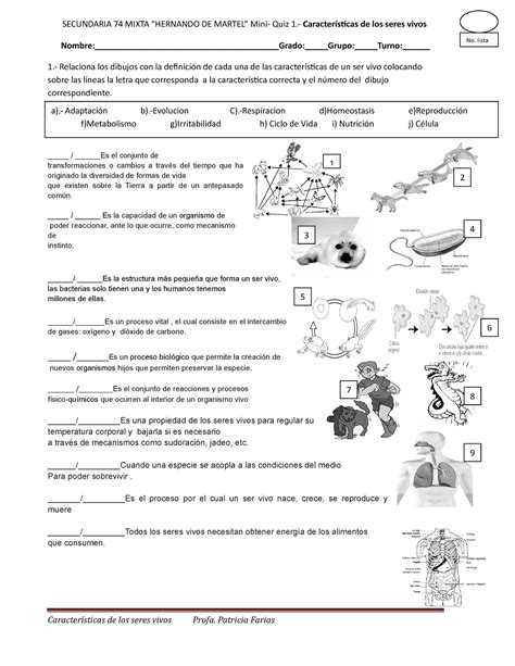 Caracteristicas De Los Seres Vivos Examen SECUNDARIA 74 MIXTA