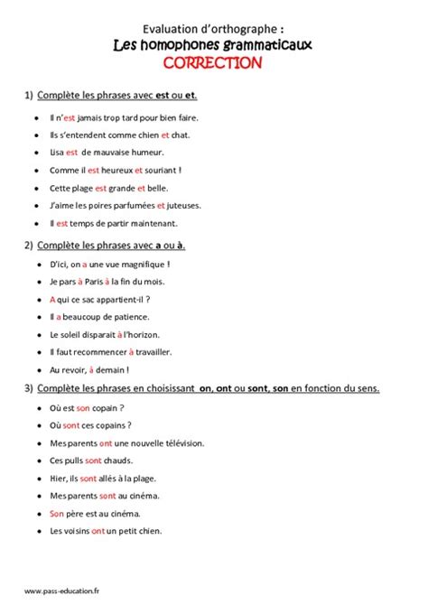 Homophones grammaticaux Ce2 Bilan à imprimer Pass Education