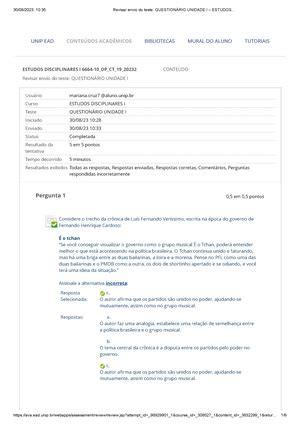 Questionário Unidade I Estudos ESTUDOS DISCIPLINARES VI 6582 05 SEI