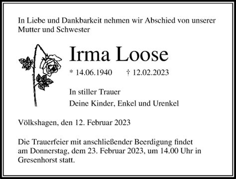 Traueranzeigen Von Irma Loose Trauer Anzeigen De