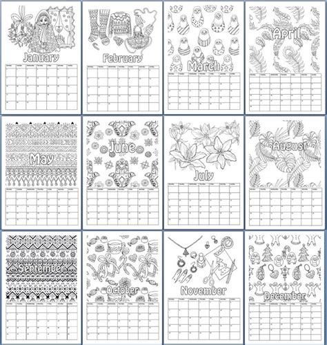 Printable Coloring Calendar 2023 2024 Patterns PDF Etsy