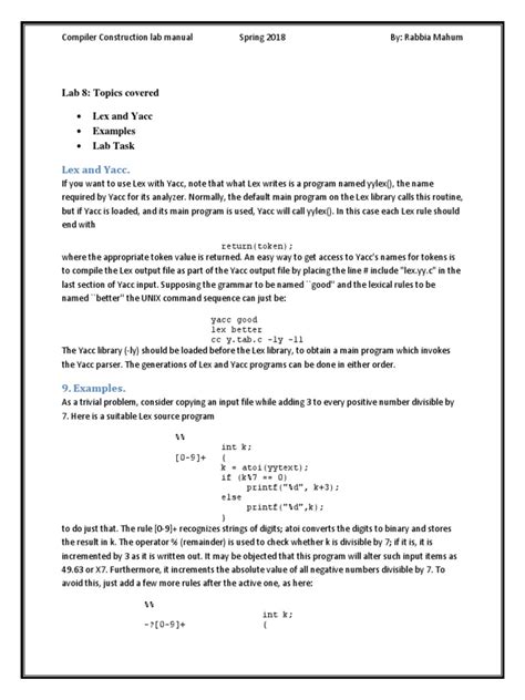 lex and yacc examples lab task pdf c programming language theoretical computer science