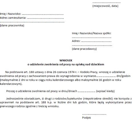 Dni wolne na opiekę nad dzieckiem po zmianach w 2016 r wzór wniosku
