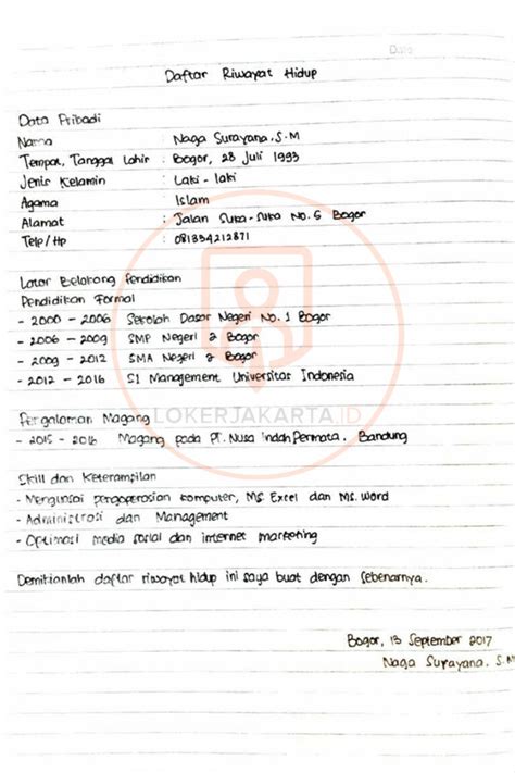 Contoh CV Tulis Tangan Yang Baik Dan Benar Loker Jakarta Blog