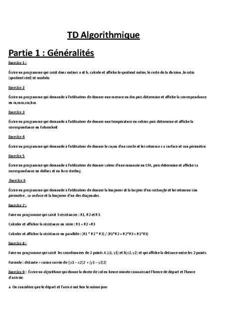 Travaux Dirig S Algorithme Td Algorithmique Partie G N Ralit S