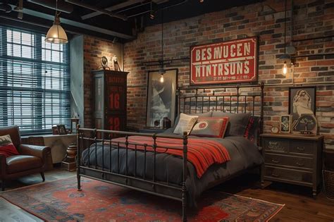 Premium Photo Cozy Industrial Loft Style Bedroom With Exposed Brick