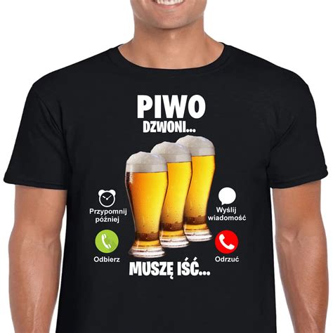 ŚMIESZNA KOSZULKA PIWO DZWONI PREZENT XXL CZARNA Inna marka Moda
