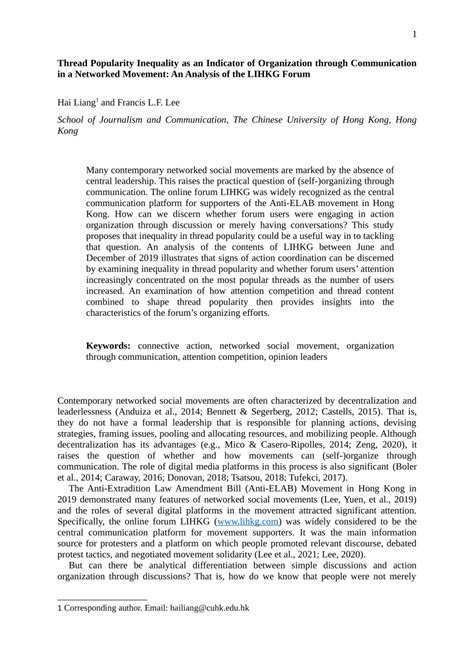pdf thread popularity inequality as an indicator of organization through communication in a