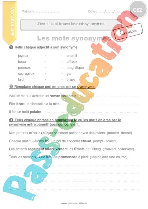 Exercice Synonymes CE2 Cycle 2