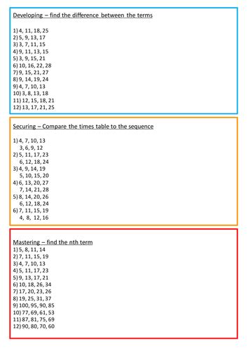 nth term worksheet with answers teaching resources