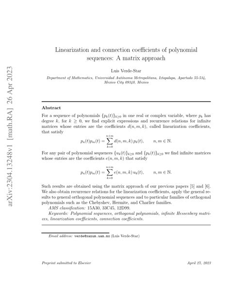 pdf linearization and connection coefficients of polynomial sequences a matrix approach