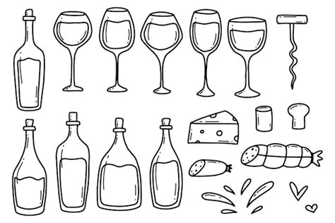 Conjunto de botellas y vasos con vino estilo doodle ilustración