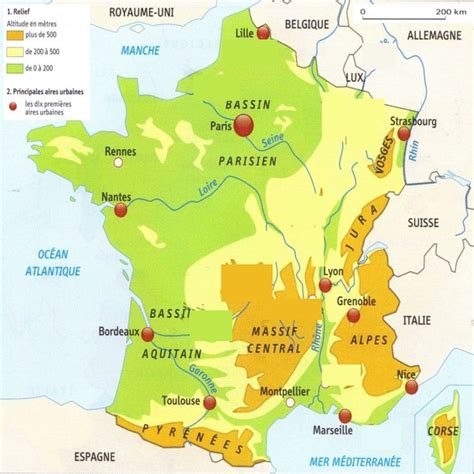 Le relief de la France et les 10 premières aires urbaines Aire