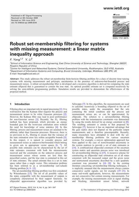 pdf robust set membership filtering for systems with missing measurement a linear matrix