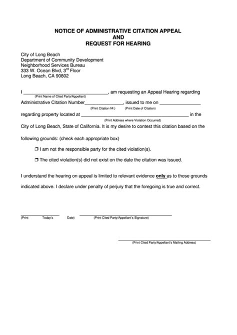Notice Of Administrative Citation Appeal And Request For Hearing City