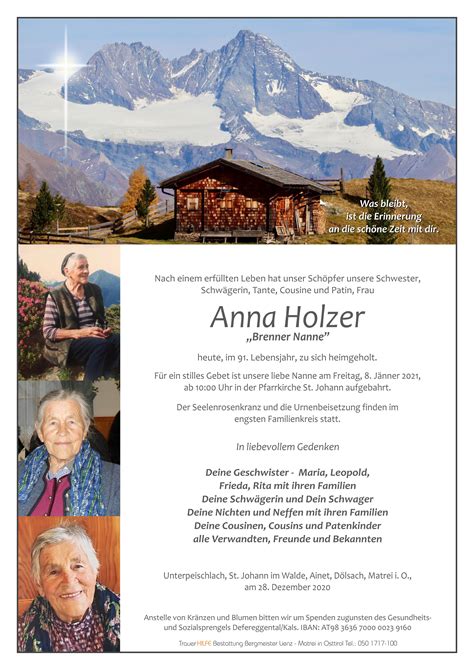 Todesanzeige Anna Holzer Trauer Link
