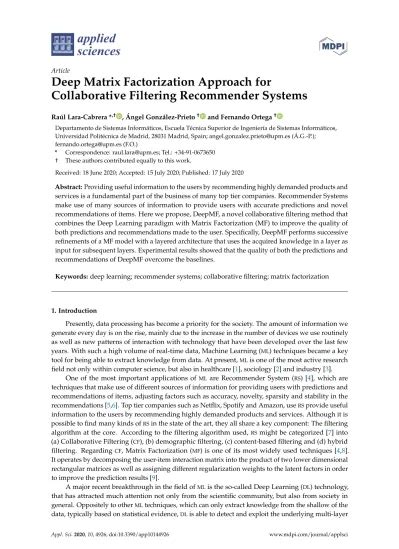 deep matrix factorization approach for collaborative filtering recommender systems