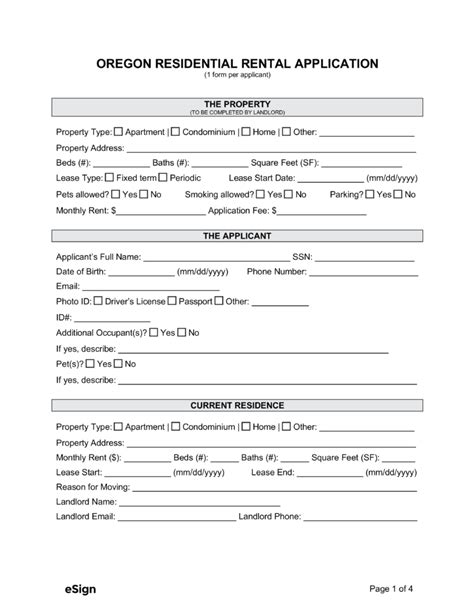 Free Oregon Rental Application Form PDF Word