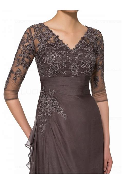 Long V Neck Lace Chiffon 3 4 Length Sleeves Mother Of The Bride Dresses