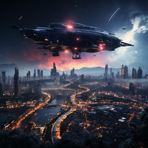 Premium Photo Arafed Flying Saucers Over A City At Night With A City