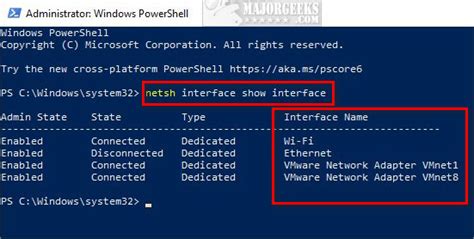 type netsh interface show interface into powershell or command prompt to identify the network