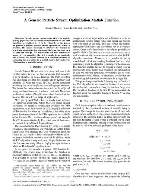 a generic particle swarm optimization matlab function pdf matlab mathematical optimization