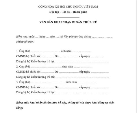 Mẫu văn bản khai nhận di sản thừa kế không có di chúc năm 2022 Hồ sơ