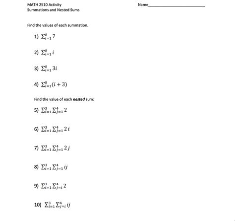 solved math 2510 activity name summations and nested sums