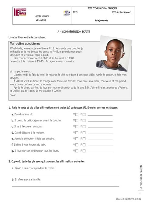 Test d évaluation niveau 1 pratiqu Français FLE fiches pedagogiques