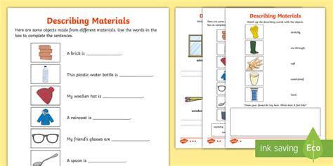 Free Y Describing Materials Differentiated Worksheets