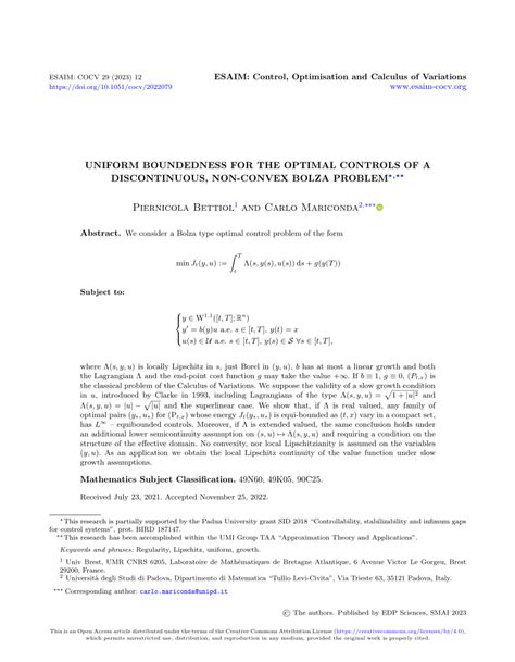 pdf uniform boundedness for the optimal controls of a discontinuous non convex bolza problem