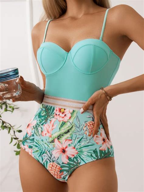 SHEIN Swim Vcay Bañador una pieza push up al azar tropical con