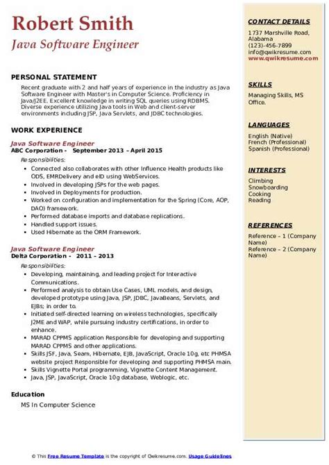 java software engineer resume samples qwikresume